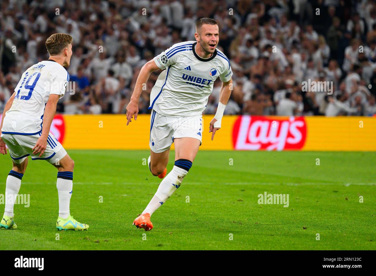 Copenhagen, Denmark. 30th Aug, 2023. Denis Vavro (3) of FC Copenhagen scores for 1-0 during the ...