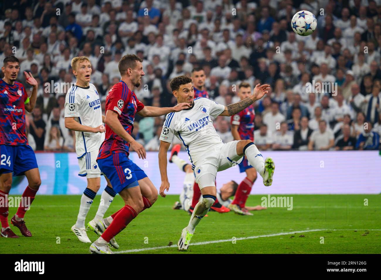 Copenhagen, Denmark. 30th Aug, 2023. Jordan Larsson (25) of FC Copenhagen and Milan Rundic (3 ...