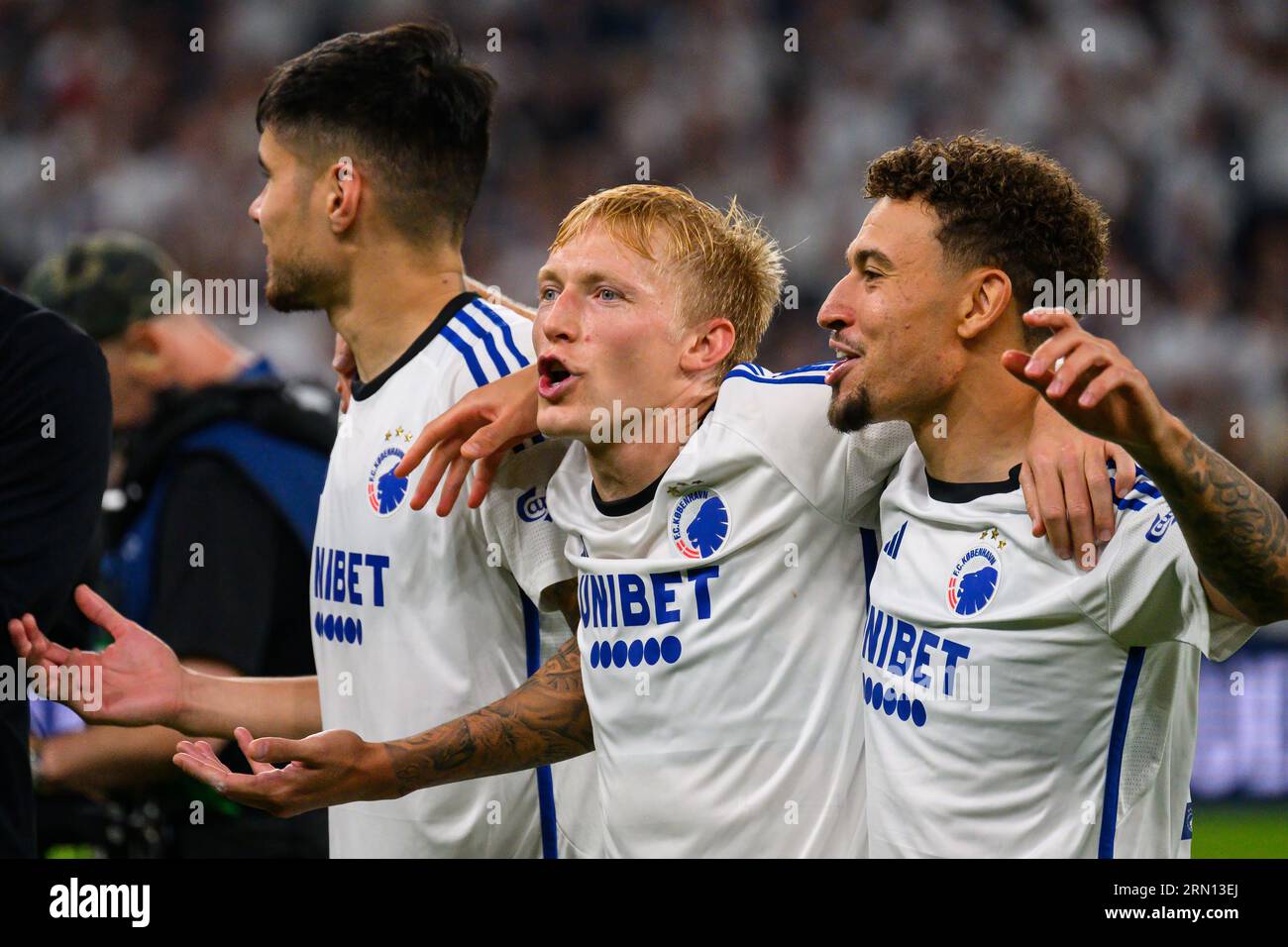 Copenhagen, Denmark. 30th Aug, 2023. Birger Meling and Jordan Larsson of FC Copenhagen seen ...