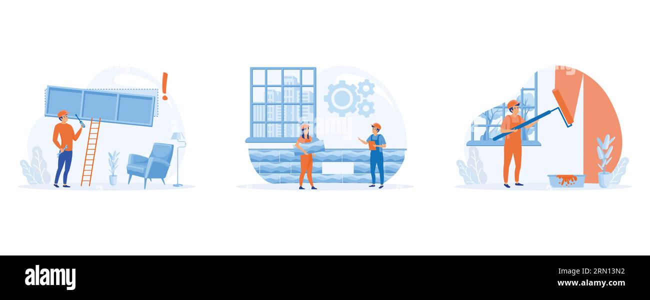 Home renovation concept, workers doing indoor maintenance, set flat ...