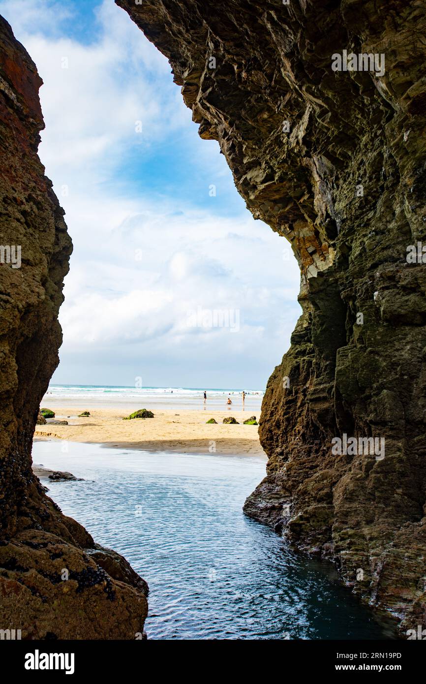 Perranporth, cornwall, England coastal view and rock or cliff ...