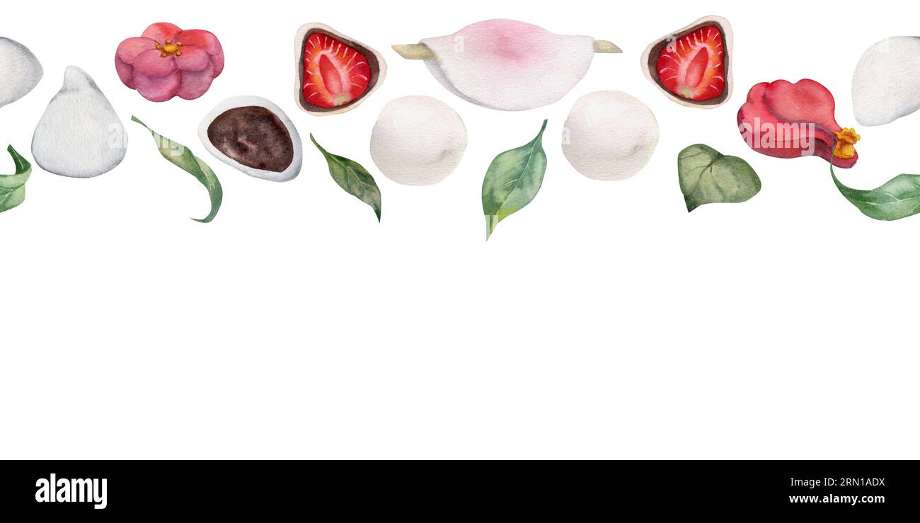 Watercolor hand drawn traditional Japanese sweets. Seamless banner with ...