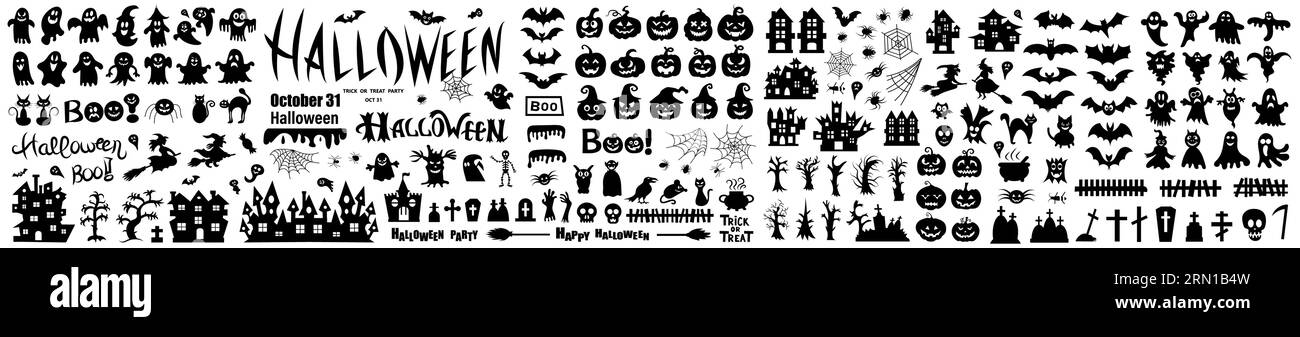 Big set of silhouettes of Halloween on a white background. Vector ...