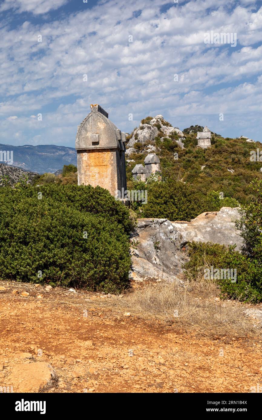 Close up of an ancient stone Simena sarcophagi (Lycian tomb) in the ...