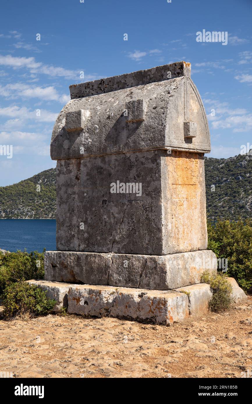Close up of an ancient stone Simena sarcophagi (Lycian tomb) in the ...