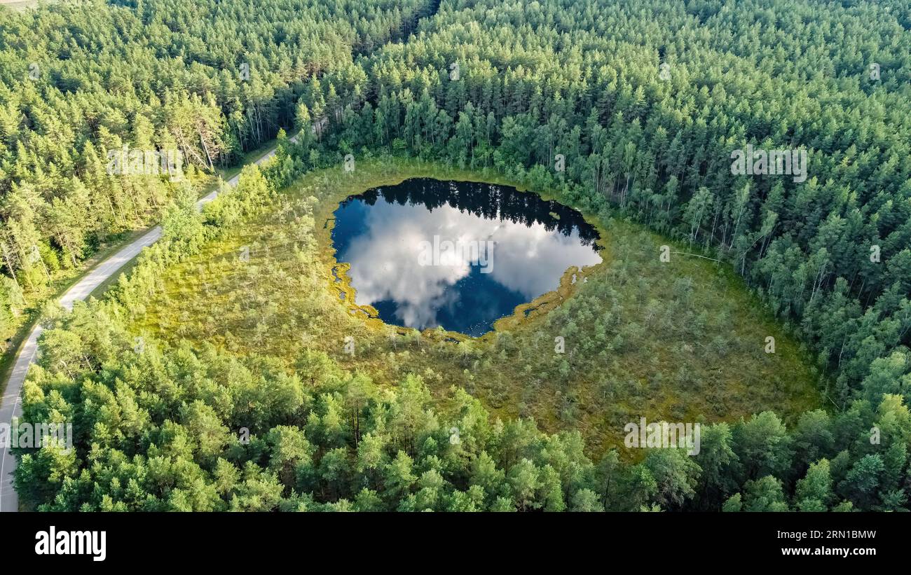 Aerial view of a small lake in the forests of Lithuania, wild nature ...