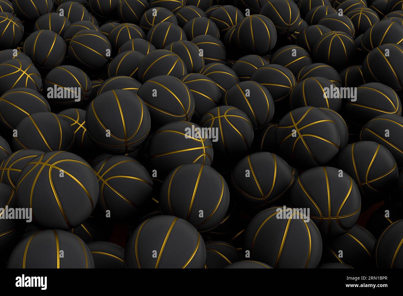 Many of flying black basketball ball falling on red background. 3d ...