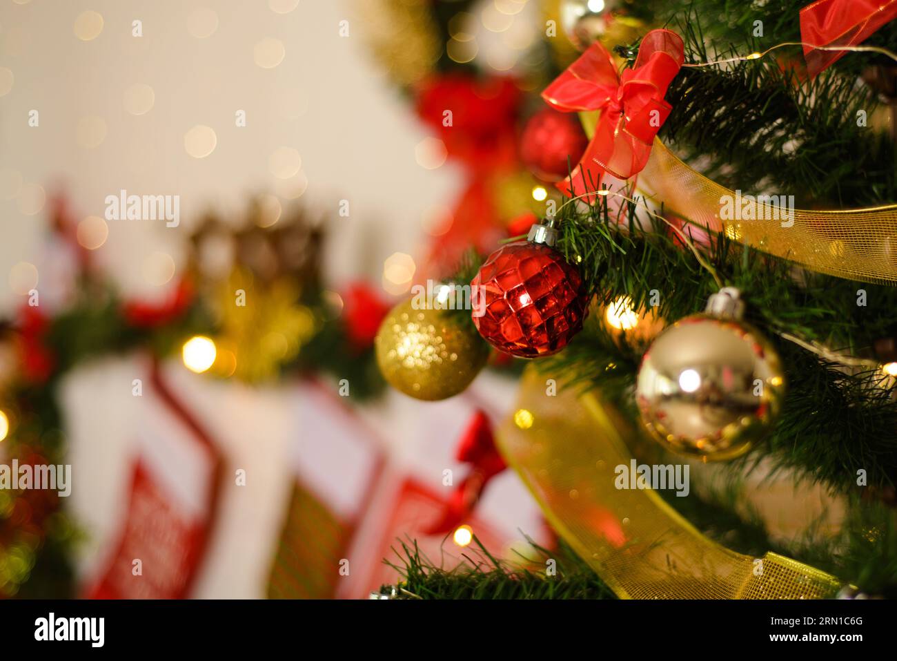 Spheres and other decorative elements of a Christmas tree. Artificial ...