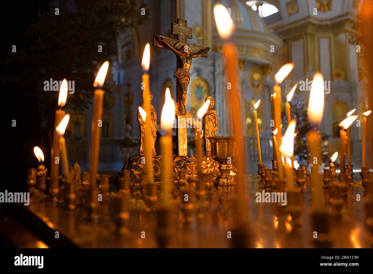 funeral memorial table place in an Orthodox church for ritual, candles ...