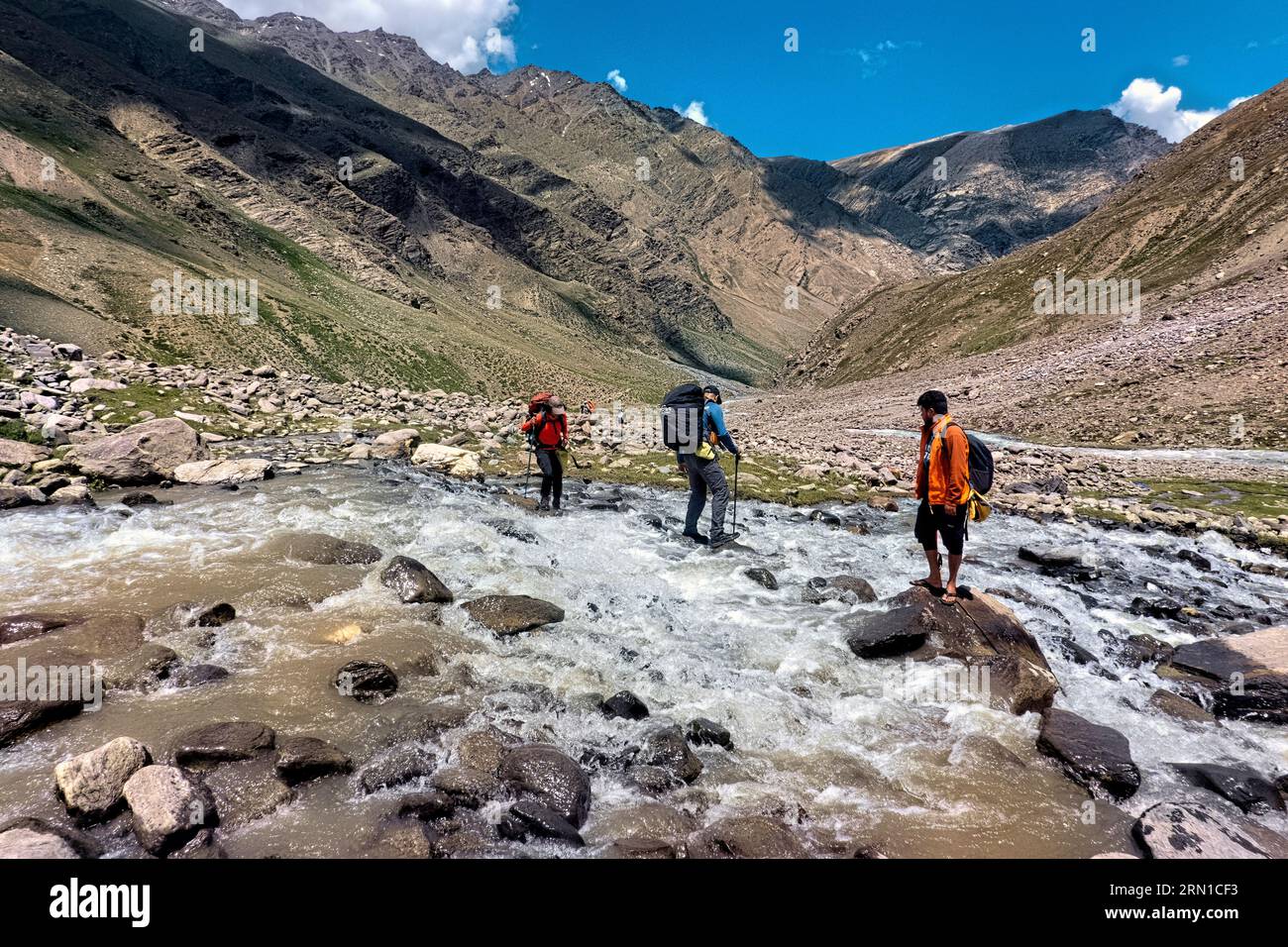 River crossing in the Warwan Valley, Pir Panjal Range, Kashmir, India ...