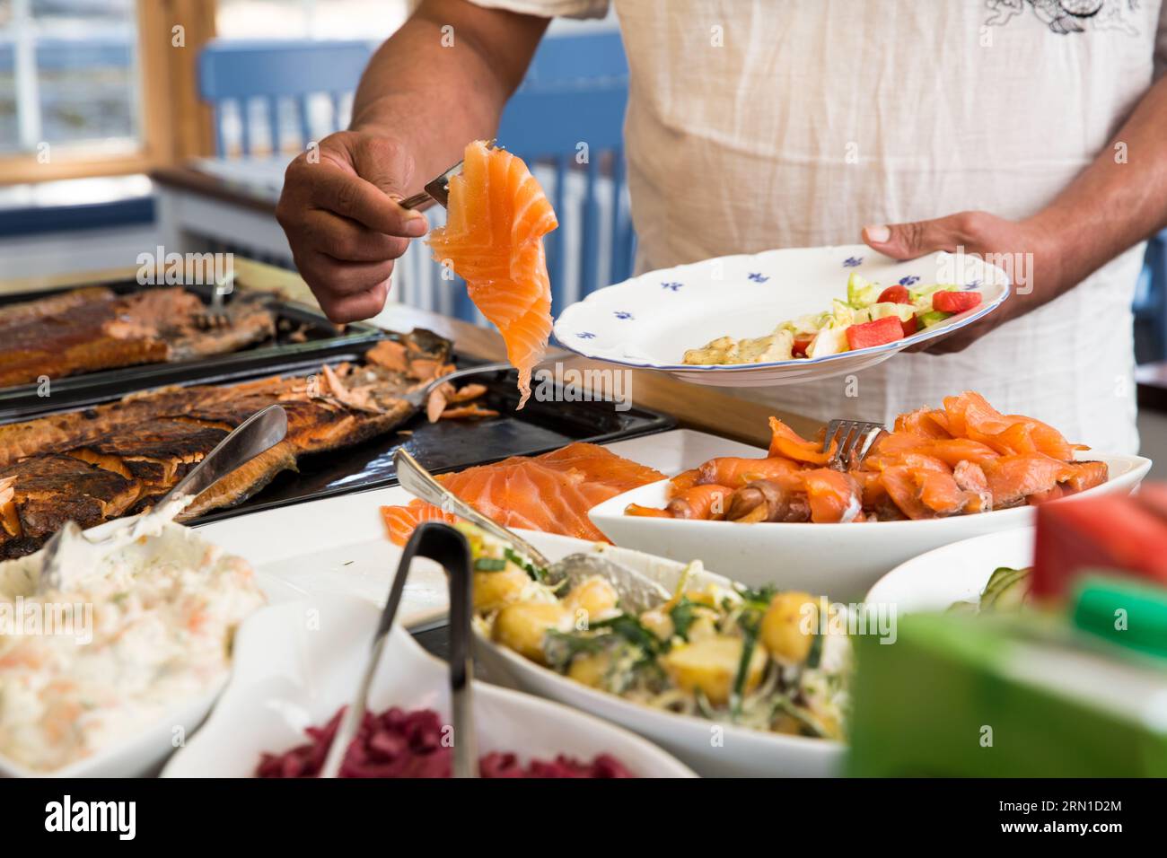 Variety dishes served buffet dinner. Mediterranean ketogenic diet, fish ...