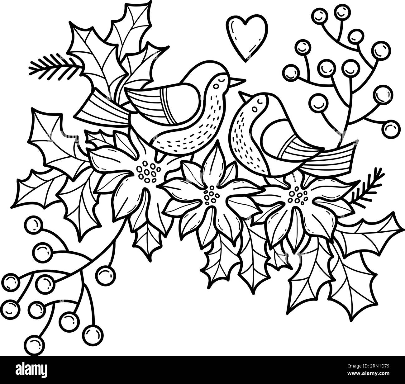 Pair of love birds with Christmas berries, poinsettia flowers. Linear ...