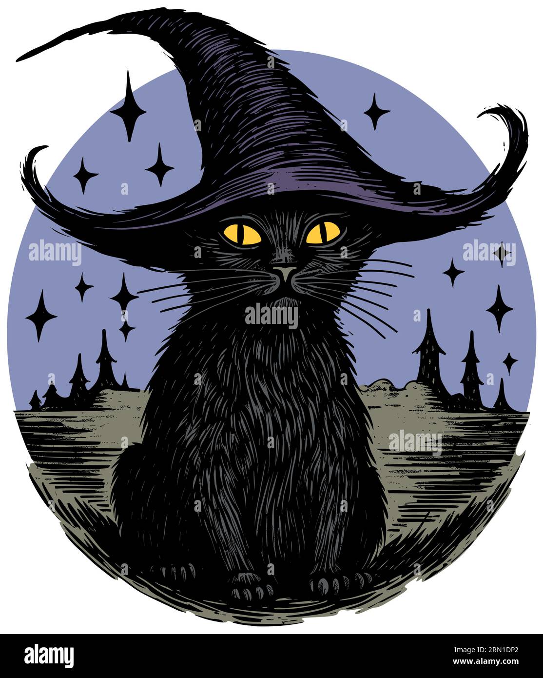 Cartoon illustration of black cat wearing magical witches hat Stock ...