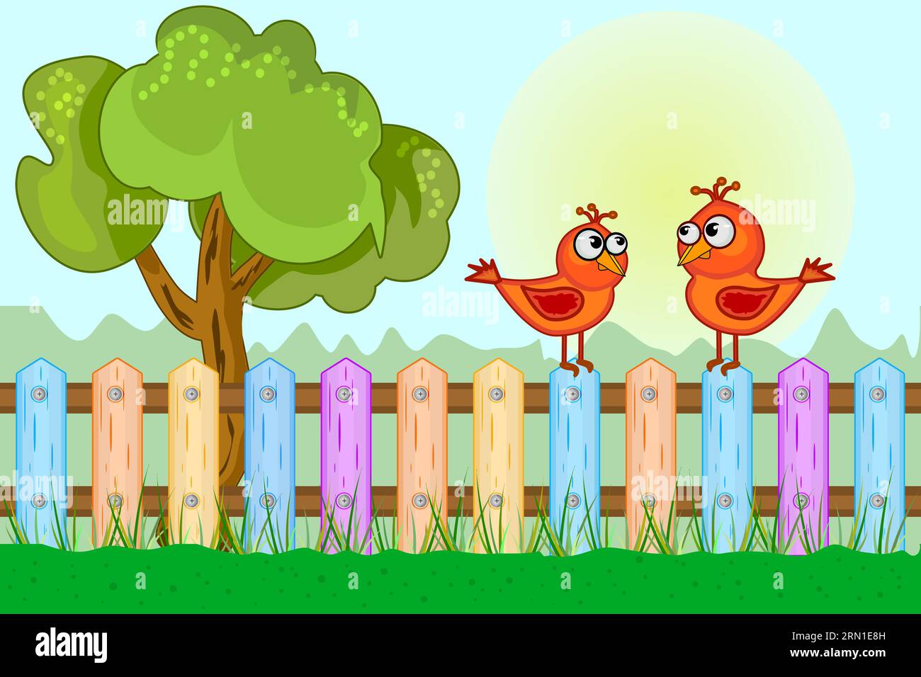 Birds sitting on garden fence. Village, plank fence and two red ...