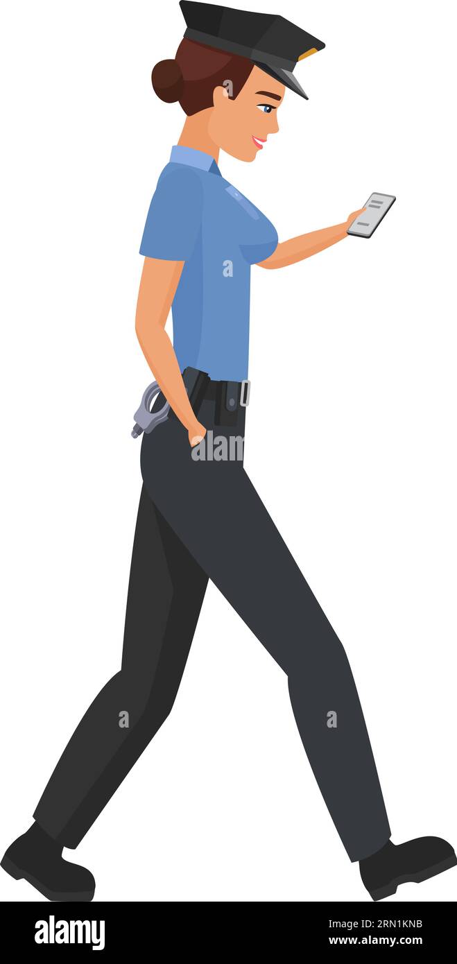 Walking policewoman with mobile phone. Female police officer using ...