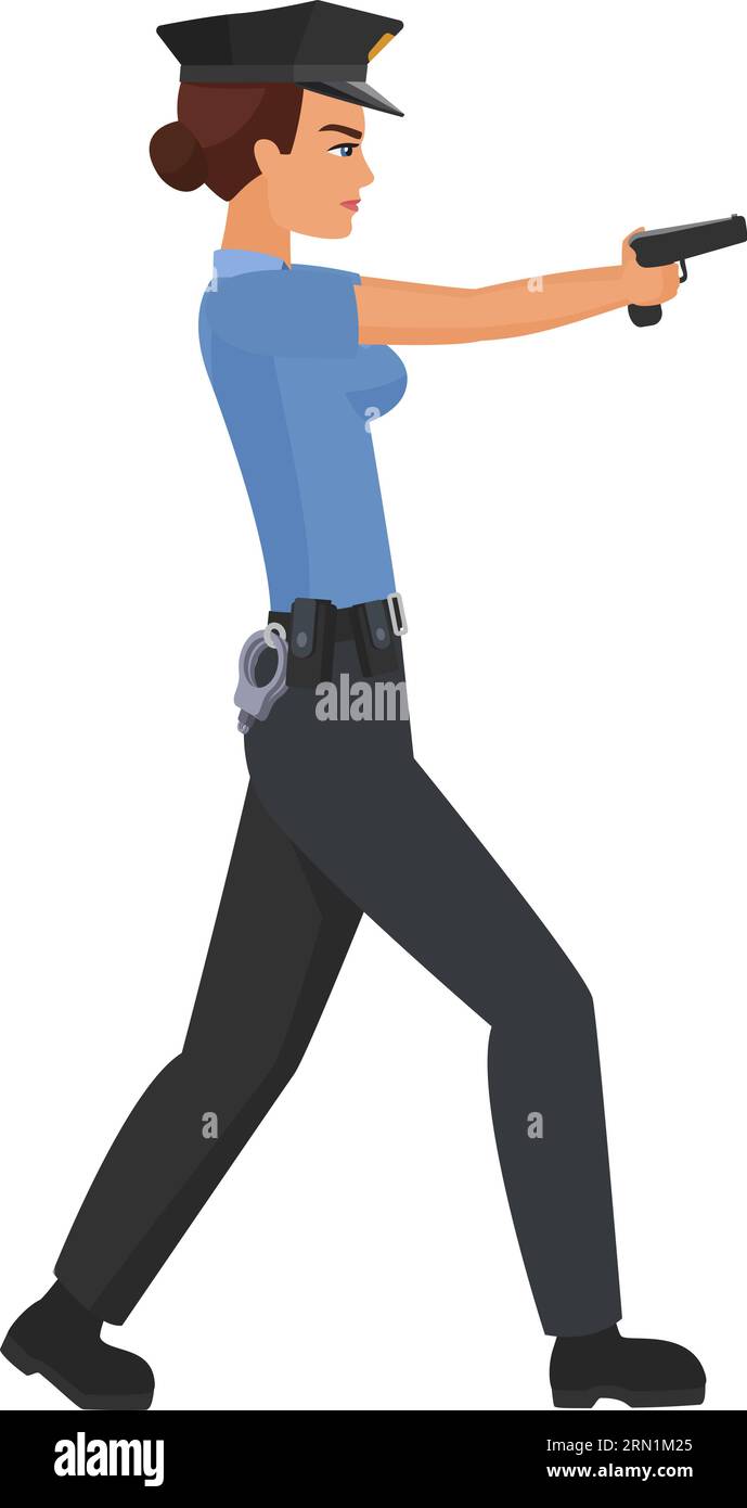 Policewoman with pointing gun. Female police officer shooting attack ...