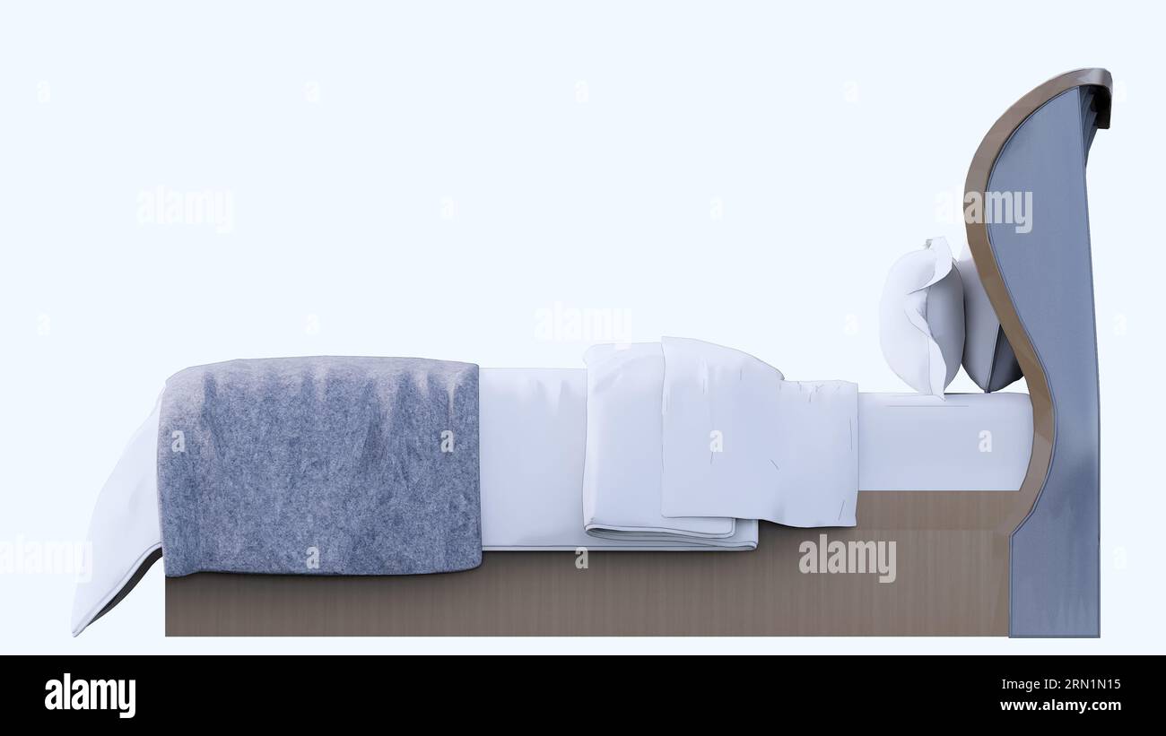 blank blue and white bed with pillows mockup, side view, white ...