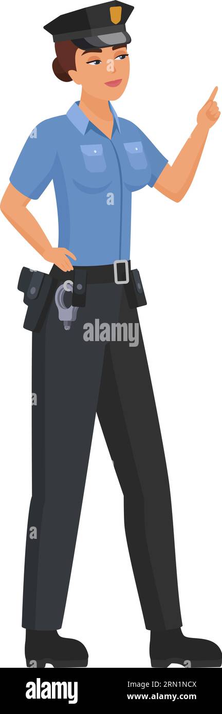Policewoman with pointing finger. Female police officer in work uniform cartoon vector ...