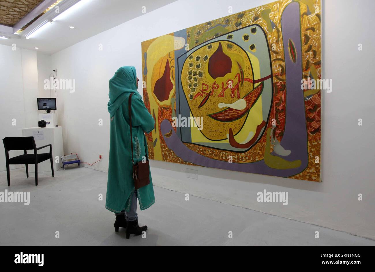 (150112) -- SRINAGAR, Jan. 12, 2015 -- A visitor looks at an artwork at ...