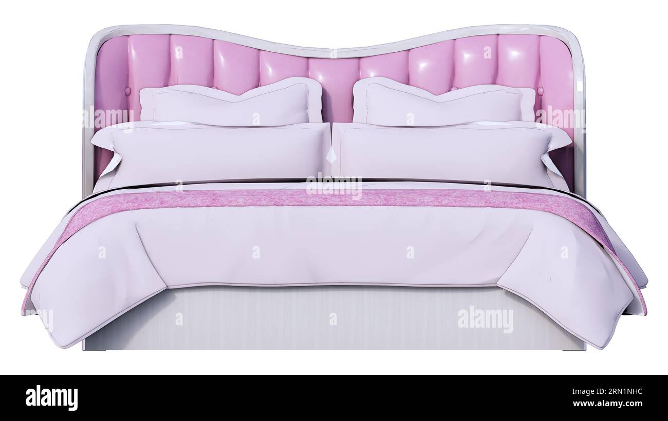 blank pink and white bed with pillows mockup, front view, white ...