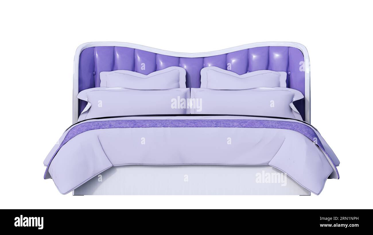 blank purple and white bed with pillows mockup, front view, white ...