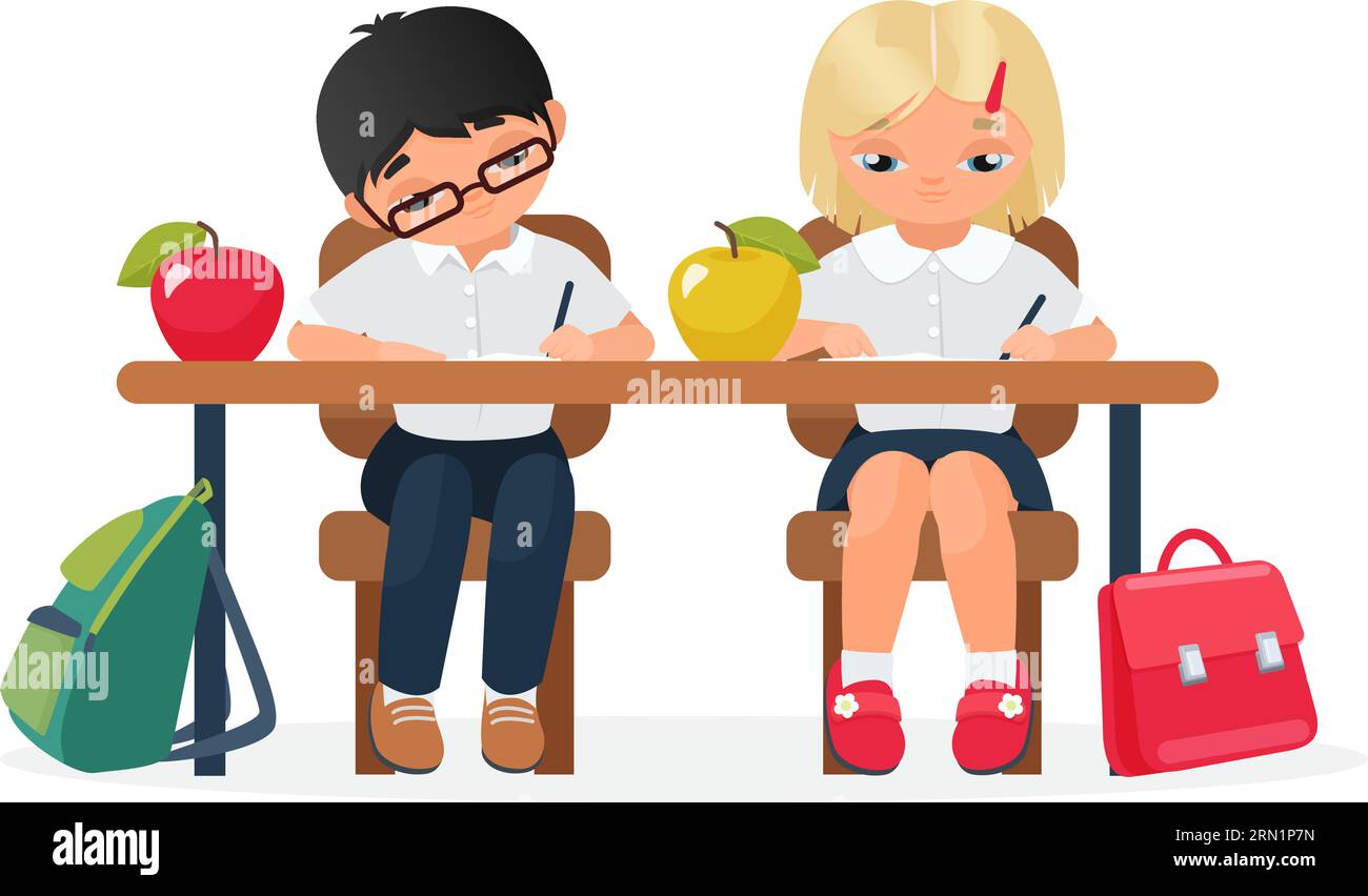 Two pupils sitting on school desk. Elementary education, school life ...
