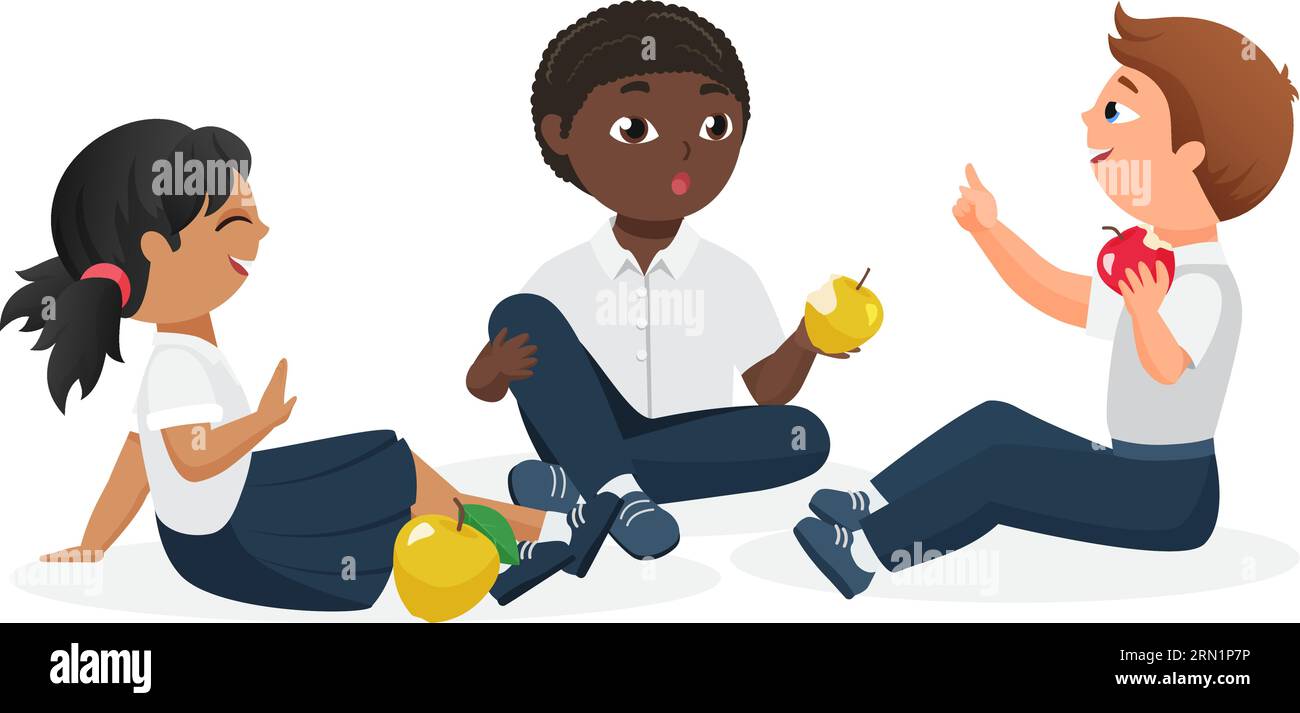 School pupils with apples. Students eating apples, school life cartoon ...