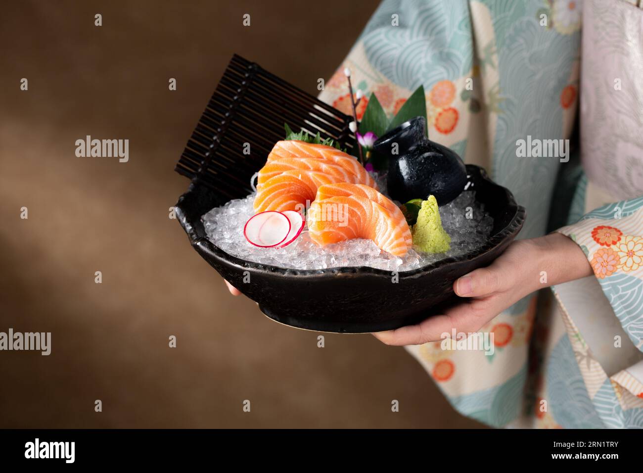 Salmon Sashimi with belly, Japanese buffet restaurant.Fresh salmon ...
