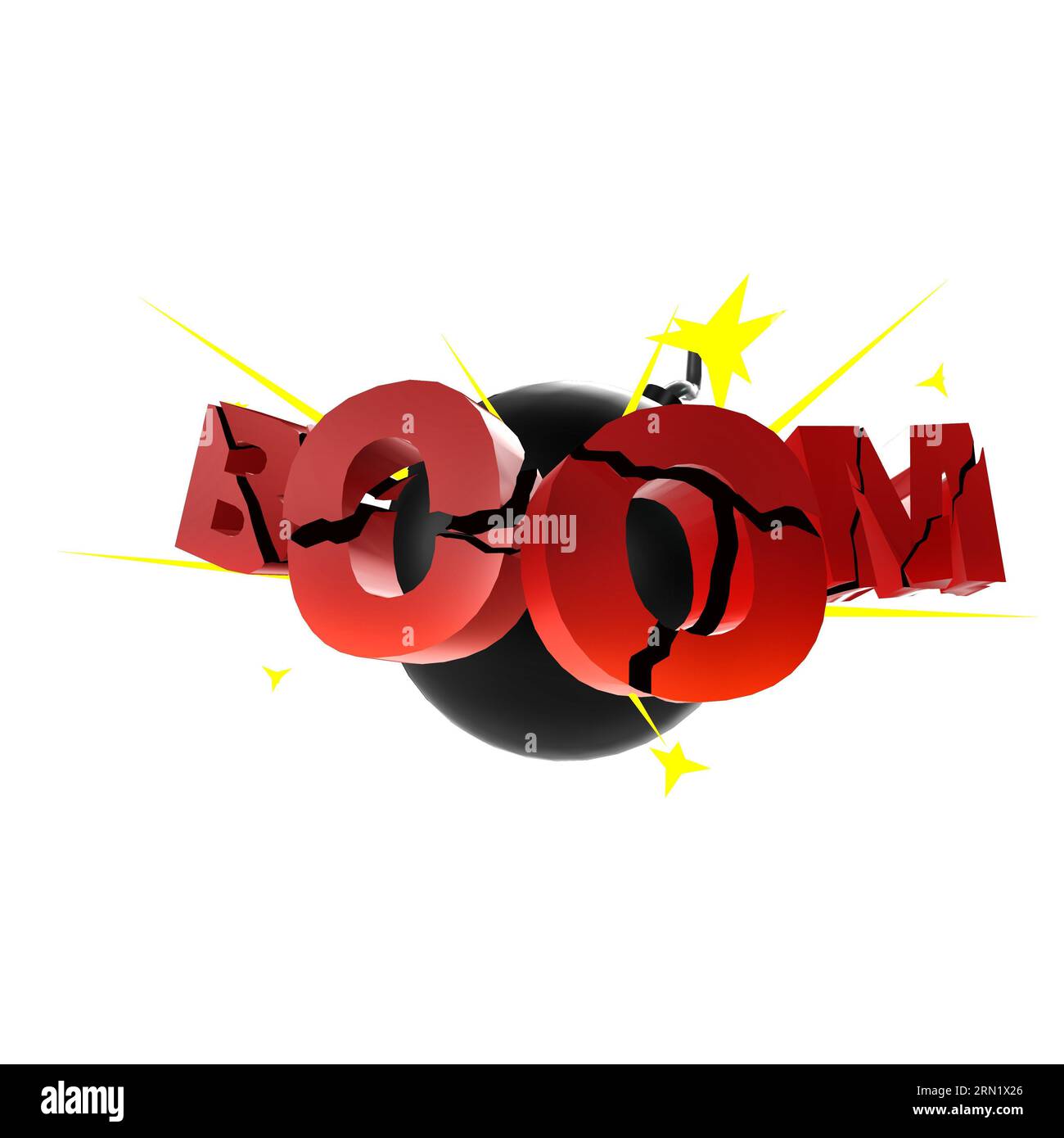 A 3D rendered illustration of the word 'Boom' with a bomb on a white ...