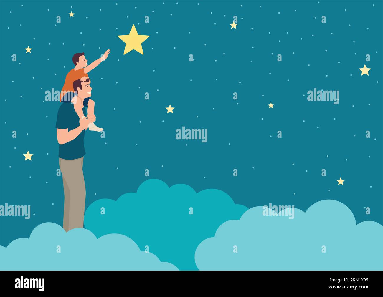 Simple flat vector illustration of a father support his son reaching a ...