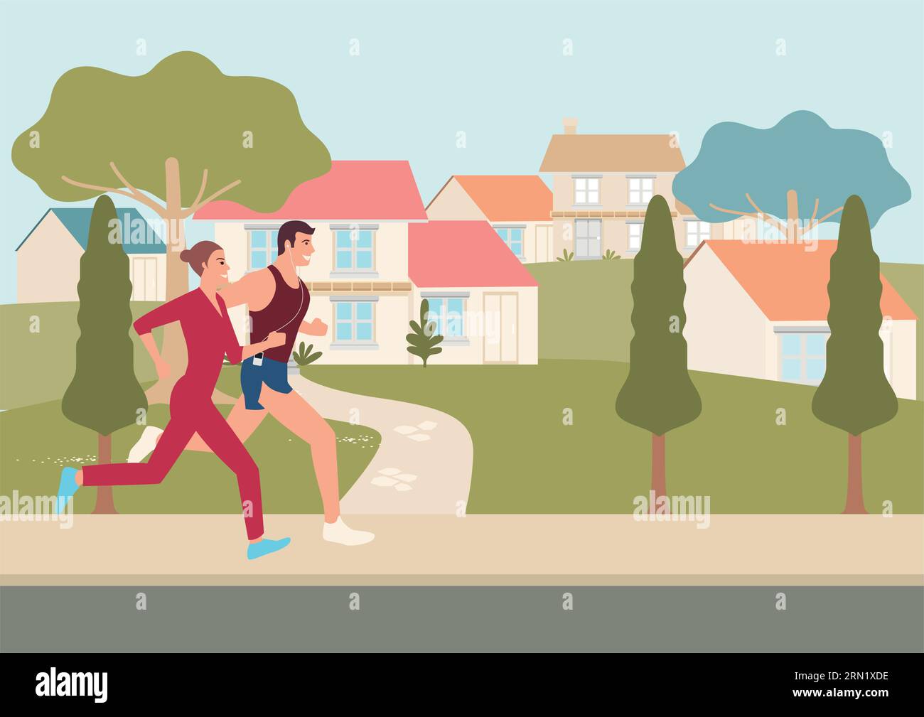 Simple flat vector illustration of couple jogging and running outdoors ...