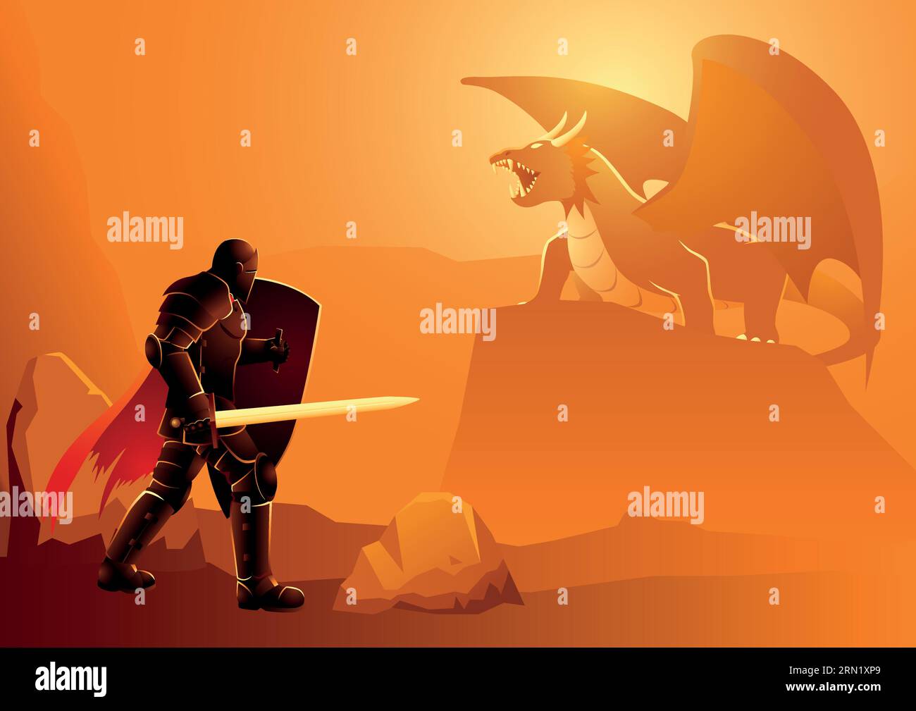 Vector illustration of a knight ready to fight dragon in it’s lair ...