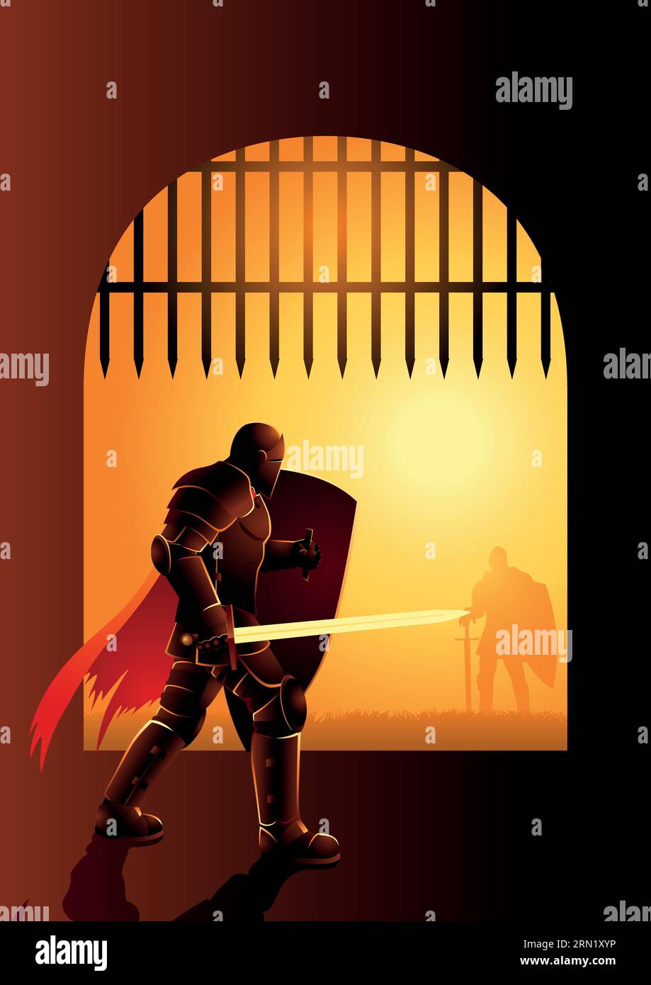 Dramatic vector illustration of a knight waiting by the front gate for ...