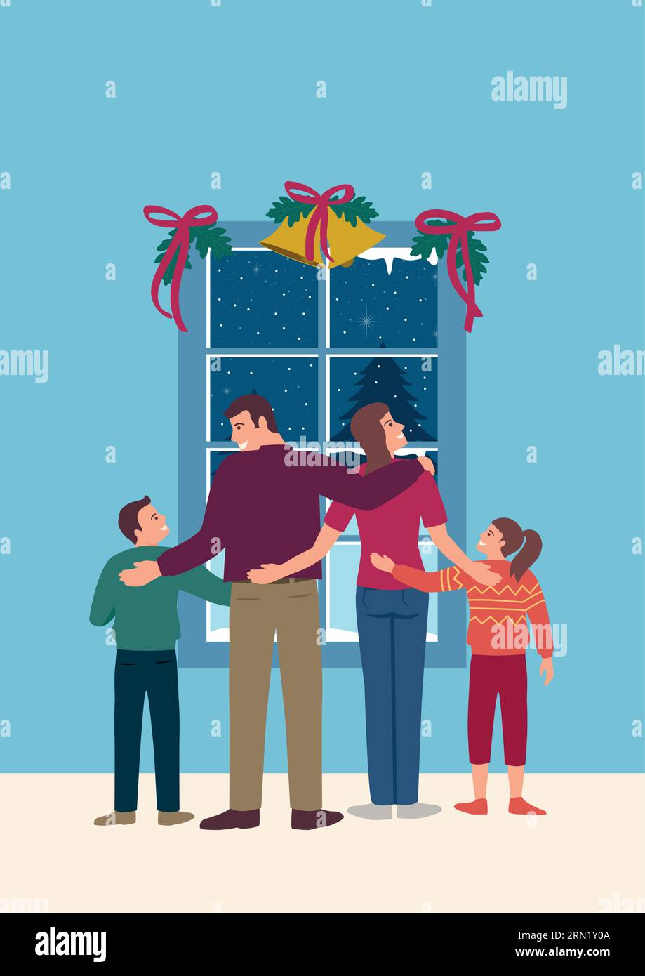 Simple flat vector illustration of happy family in front of the window ...