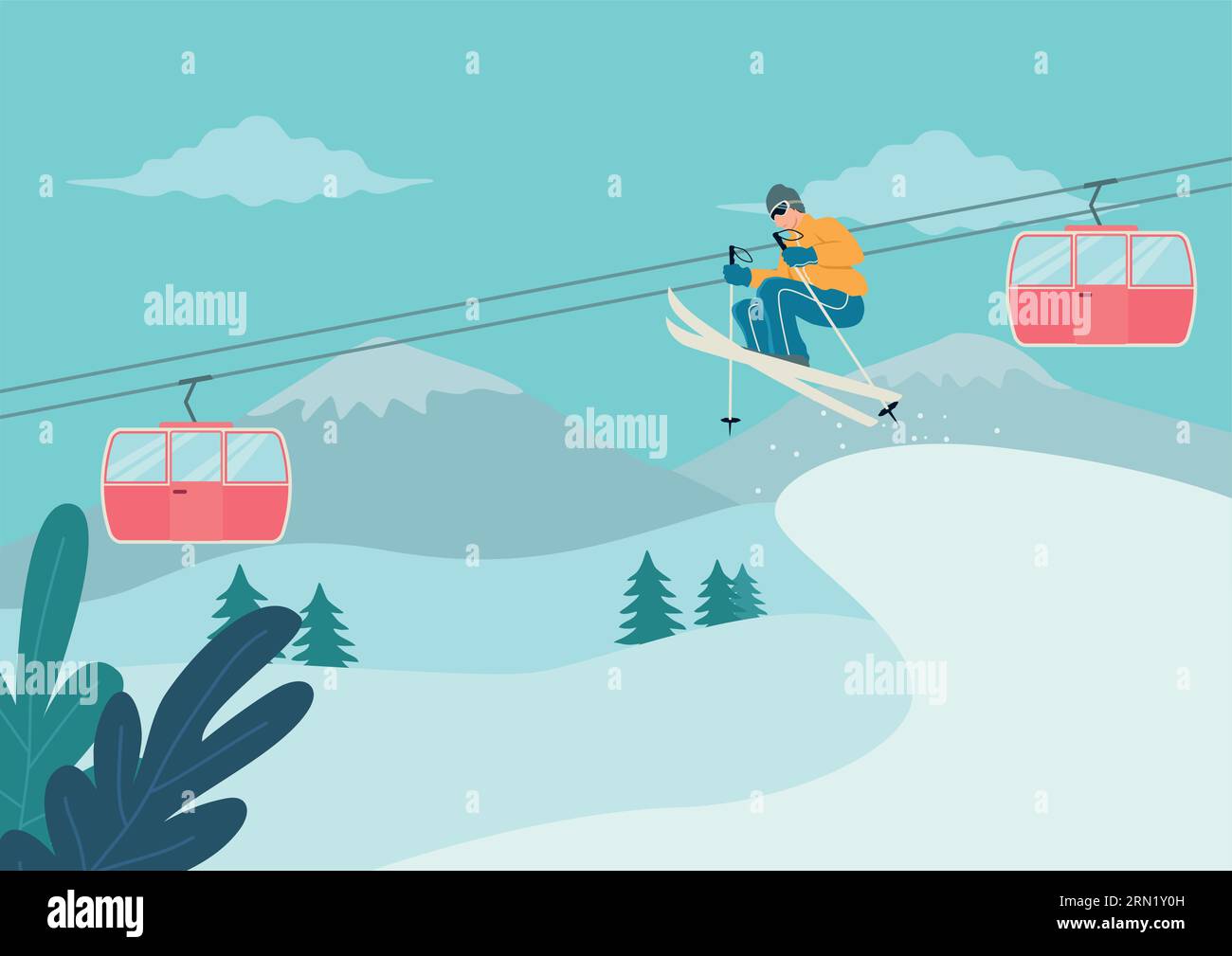 Simple flat vector illustration of man skiing on snowy mountain resort ...