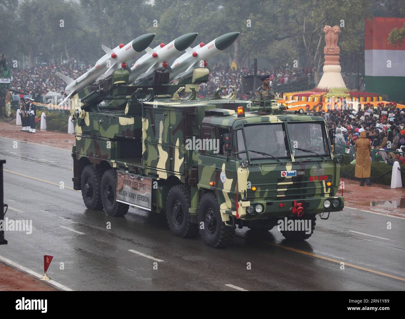 A vehicle carrying Akash rockets (Army Version) moves on the historic ...