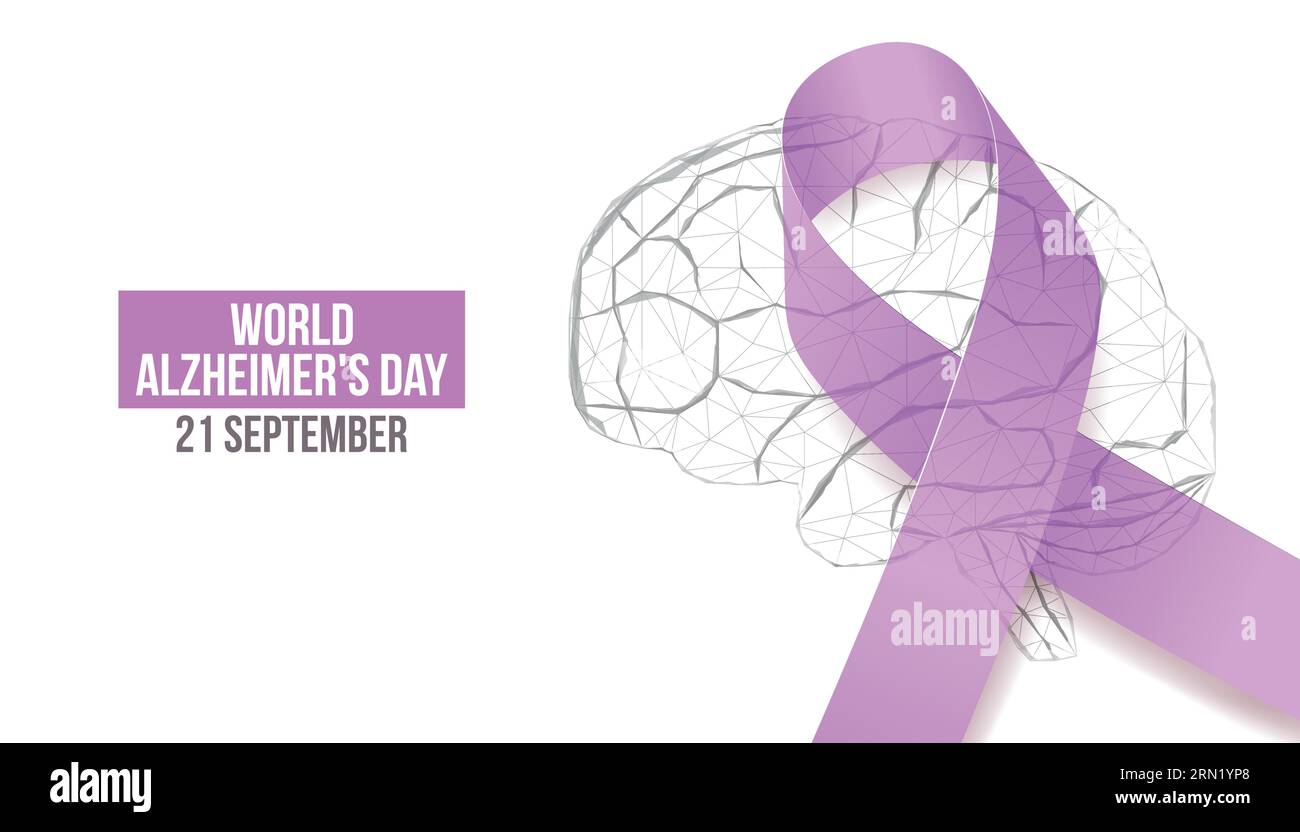 World Alzheimer's Day concept. Banner template with purple ribbon, human brain and text. Vector ...