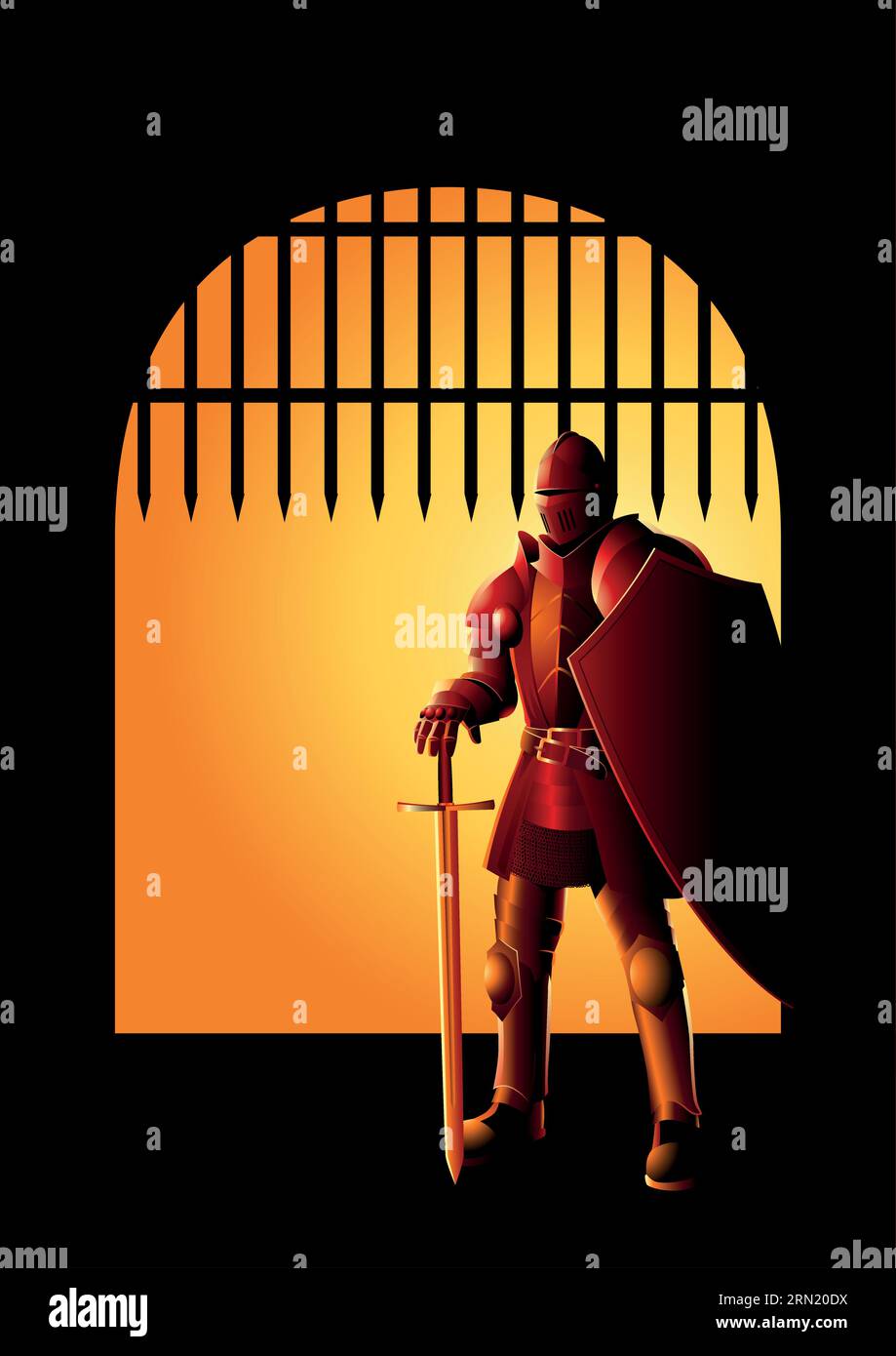 Vector illustration of a medieval knight in armor with sword and shield ...