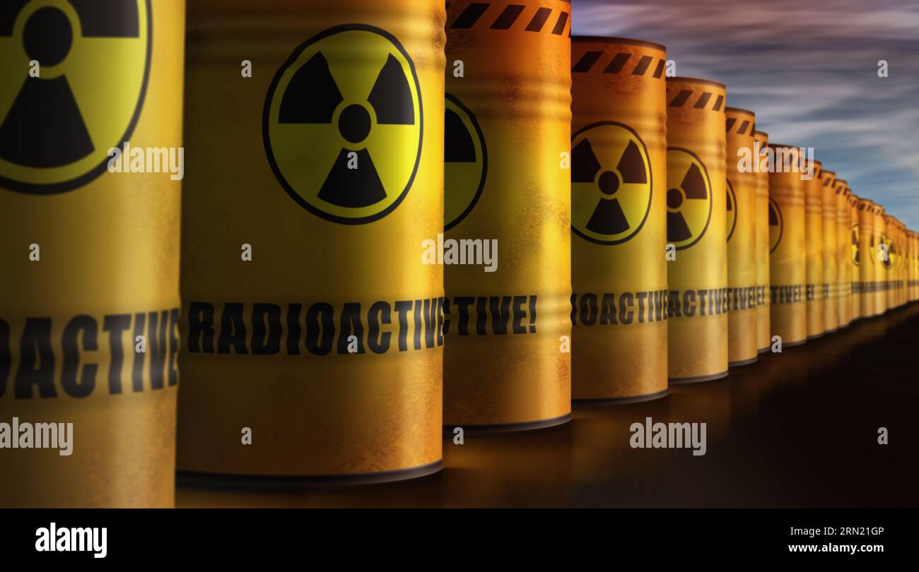 Nuclear radioactive waste barrels in row concept. Danger radiation ...
