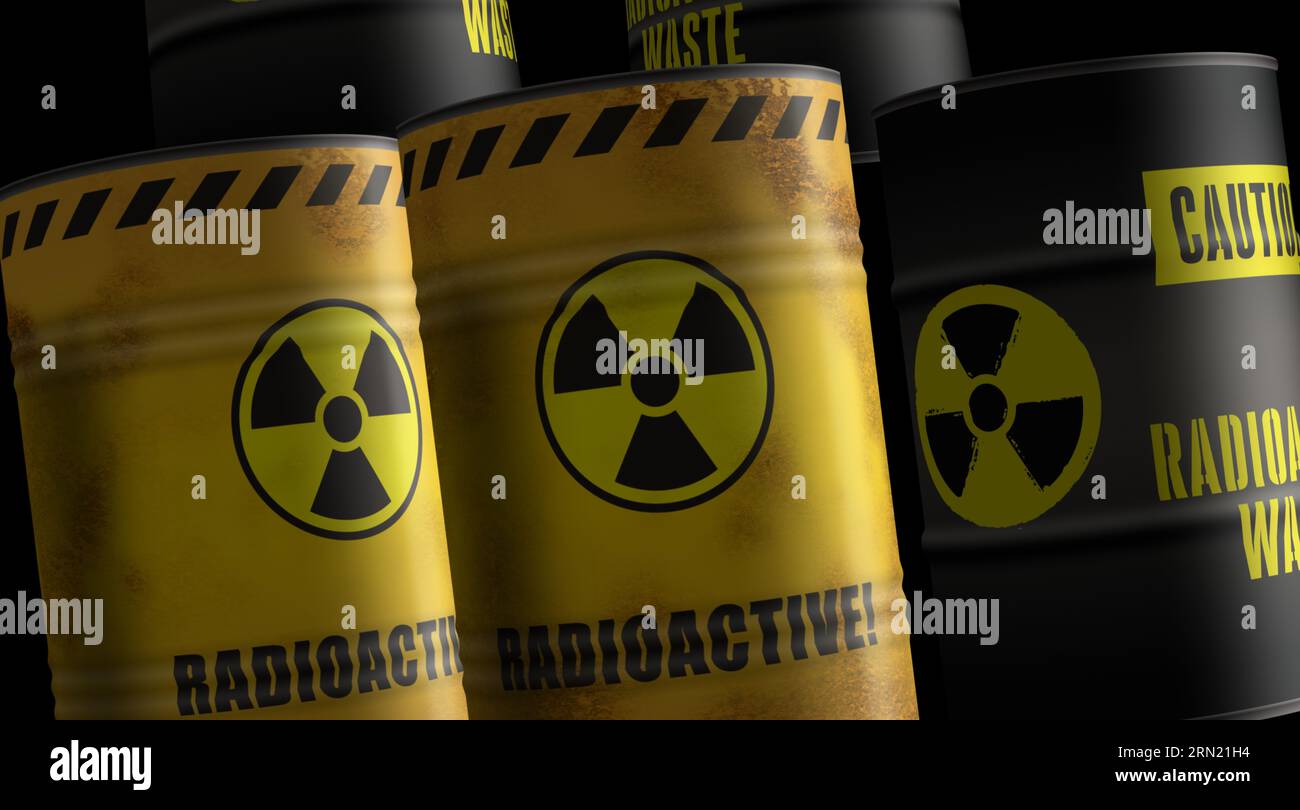 Nuclear radioactive waste barrels in row concept. Danger radiation ...