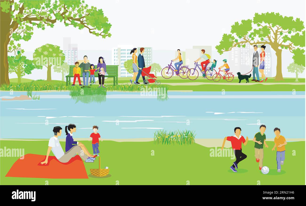 Groups of people by the water with families, parents and children ...