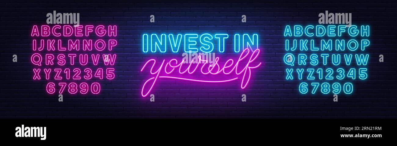 Invest in yourself neon lettering on brick wall background. Pink and ...