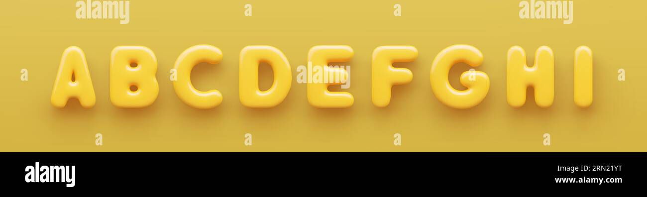 3D Yellow uppercase letters A, B, C, D, E, F, G, H and I a glossy ...
