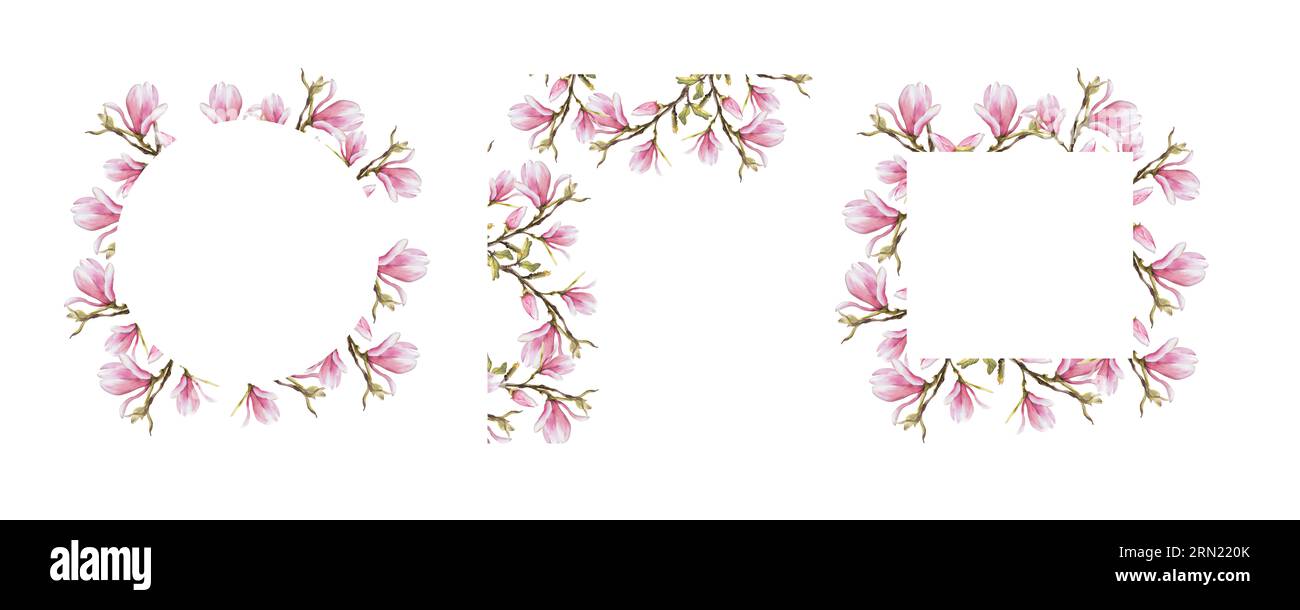 Floral fame set with watercolor pink magnolias flowers, buds and leaves ...