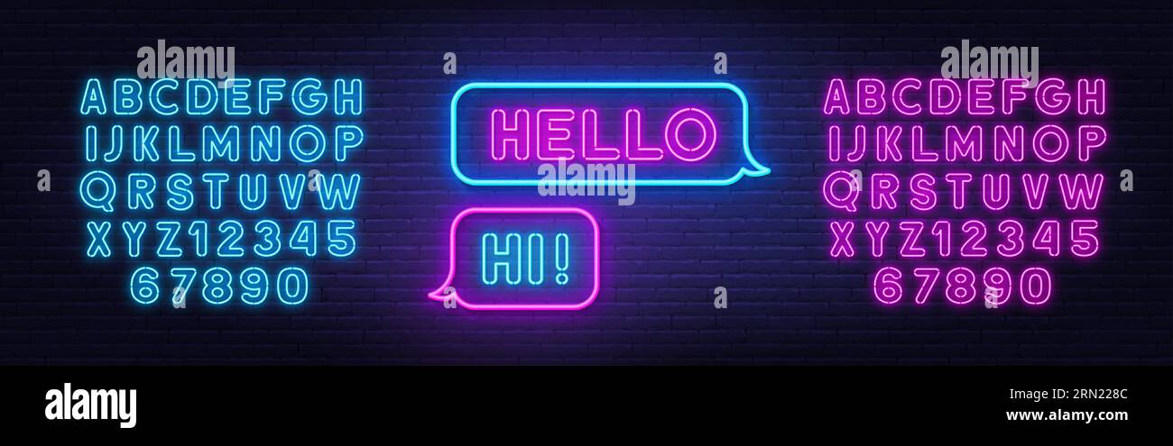 Hello Hi neon sign in the speech bubble on brick wall background. Pink ...