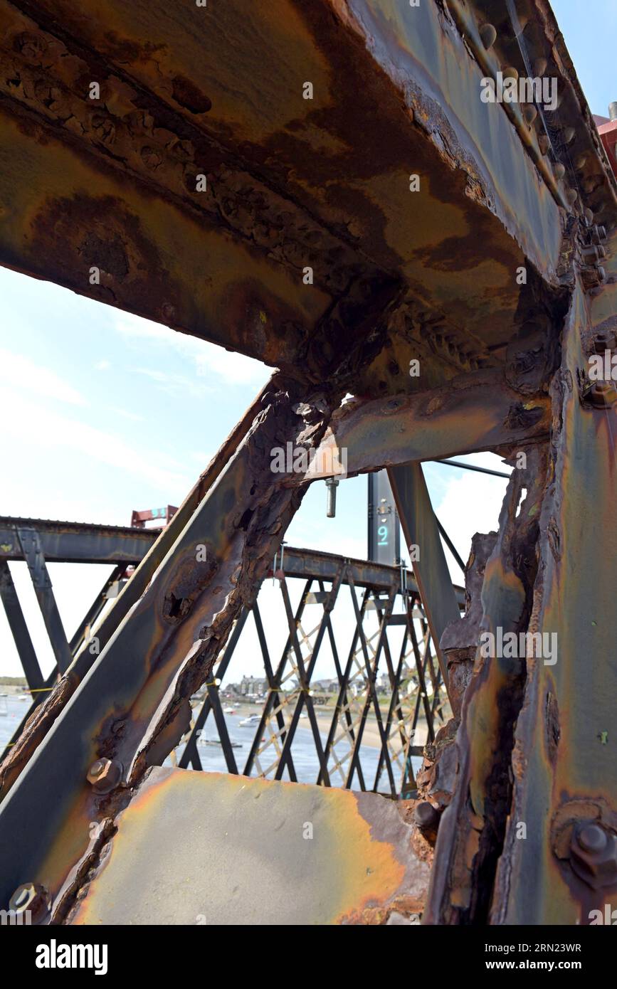 The very rusty corroded lattice steelwork of the old Barmouth railway ...