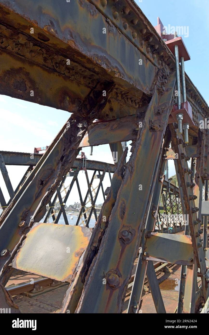 The very rusty corroded lattice steelwork of the old Barmouth railway ...