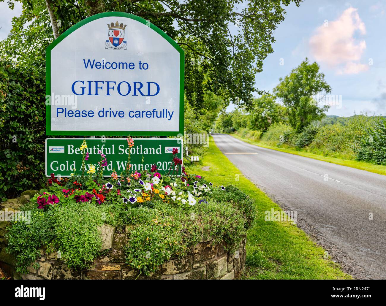 Welcome to Gifford village sign on country road, East Lothian, Scotland ...