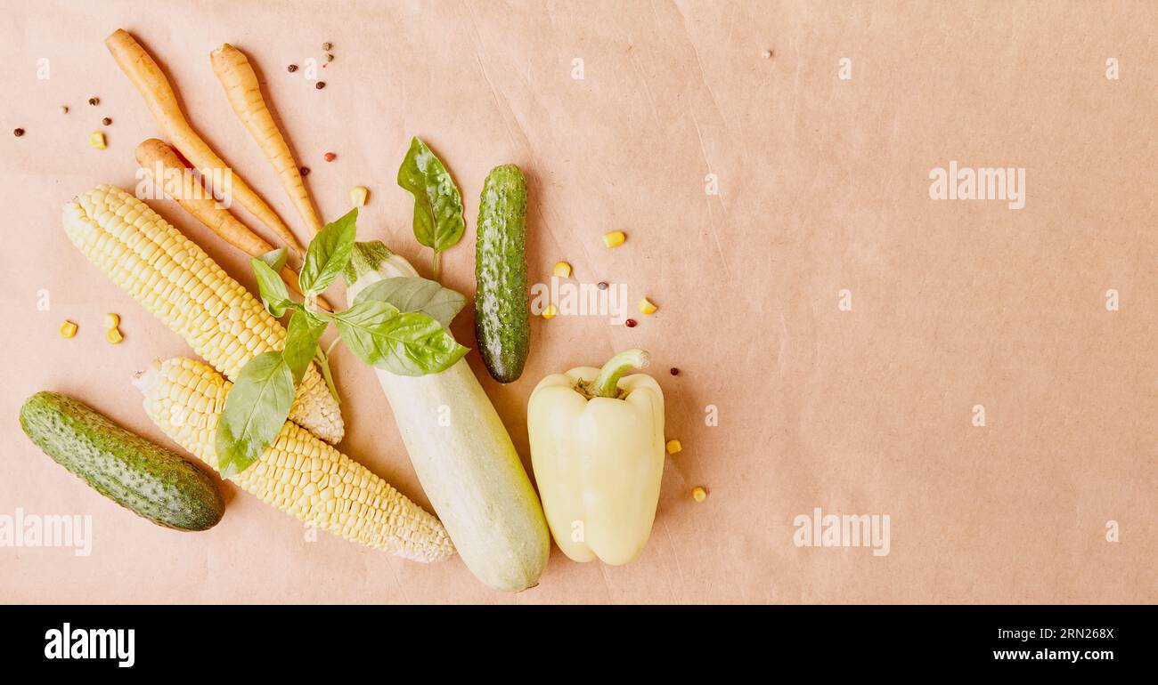 Aesthetic composition of organic vegetables, greenery top view, copy ...