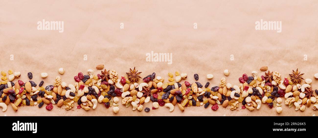Aesthetic assorted nuts in line. Healthy food and snacks. Walnuts ...